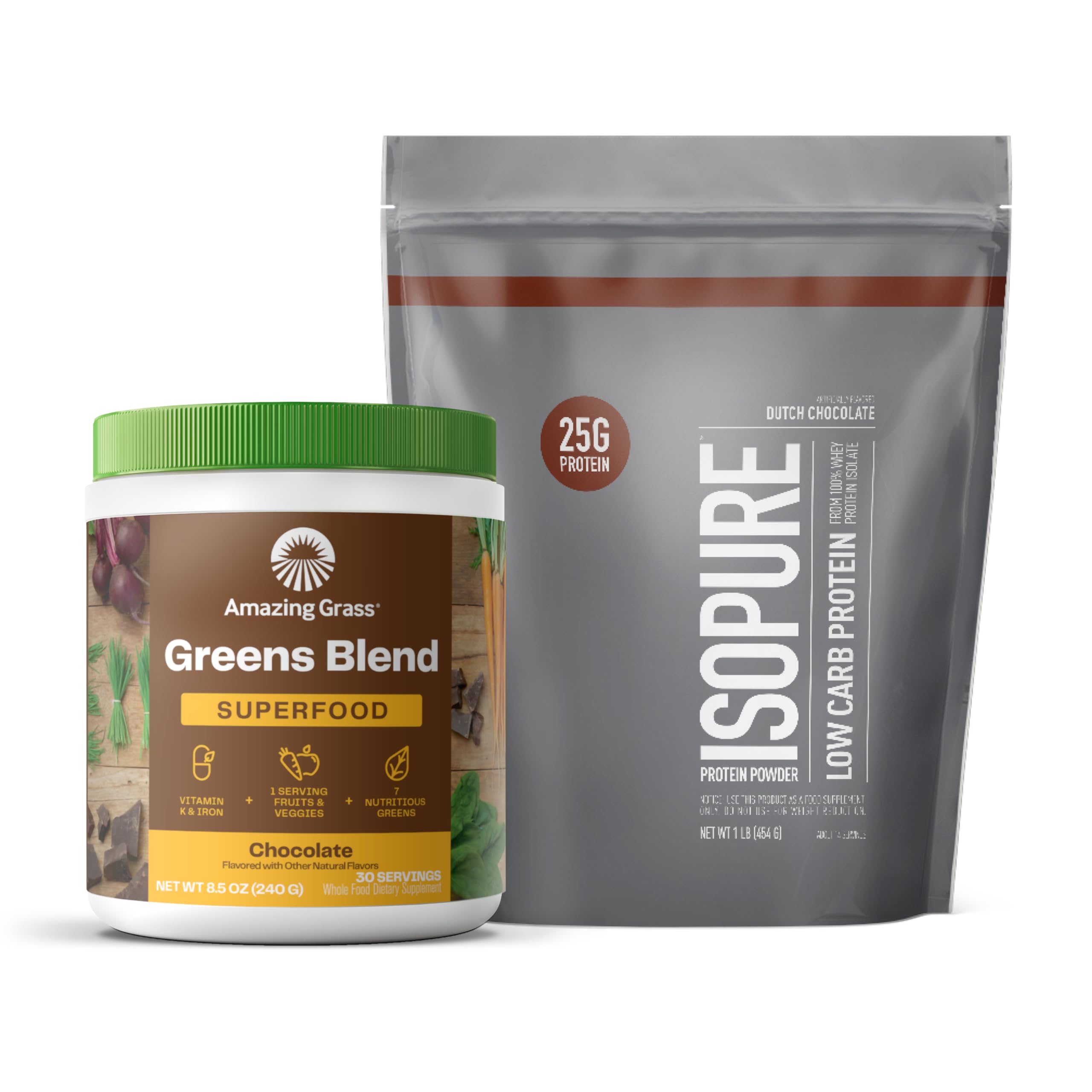 Isopure Build Your Smoothie Chocolate Bundle Dutch Chocolate Low Carb Protein Powder (14 Servings) and Amazing Grass Greens Chocolate Blend Superfood (30 Servings)