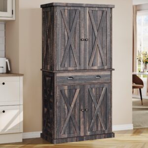 YITAHOME 72'' Farmhouse Kitchen Pantry, Wood Kitchen Storage Cabinets with Drawer and Adjustable Shelves, Kitchen Versatile Storage for Kitchen, Dining Room, Living Room, Dark Rustic Oak