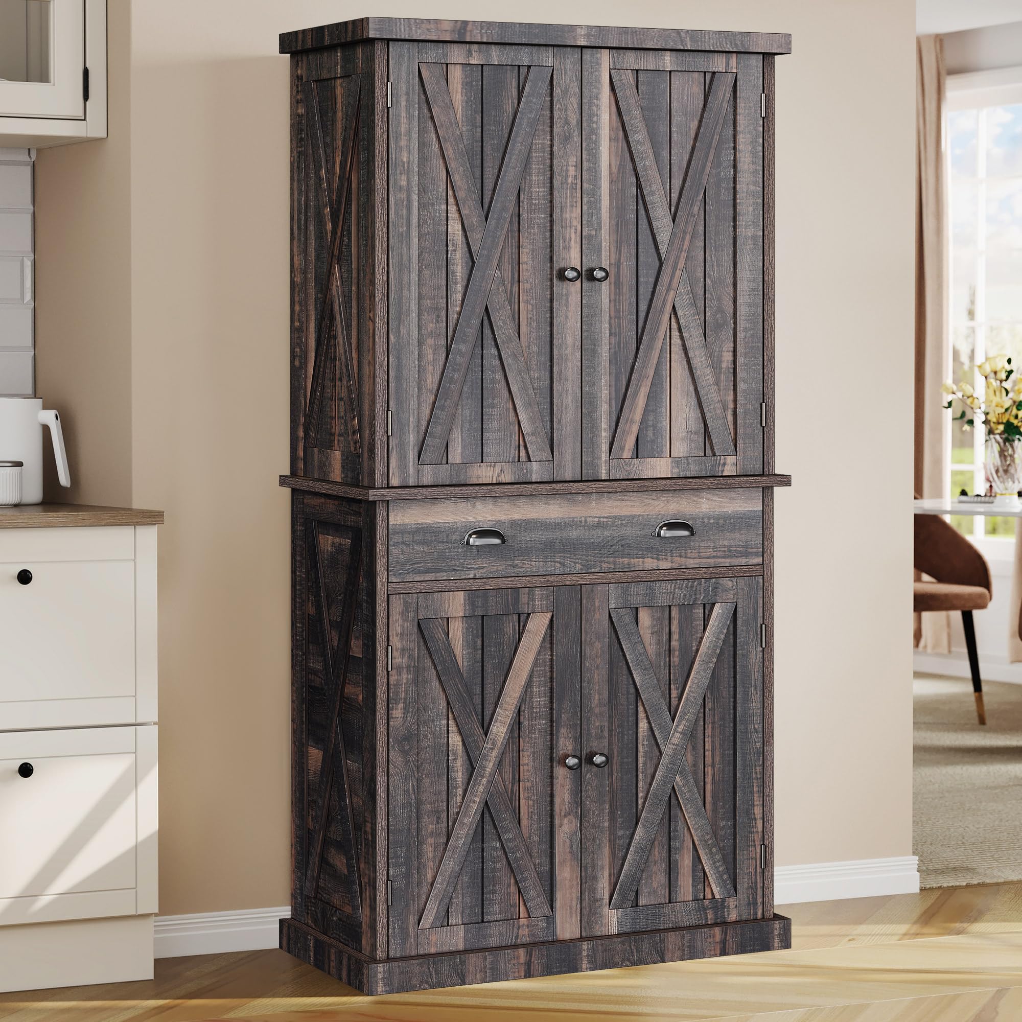 YITAHOME 72'' Farmhouse Kitchen Pantry, Wood Kitchen Storage Cabinets with Drawer and Adjustable Shelves, Kitchen Versatile Storage for Kitchen, Dining Room, Living Room, Dark Rustic Oak