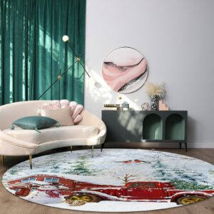 Christmas Area Rug Carpet for Kids Teen Girls Boys Bedroom, Living Room, Washable Outdoor Indoor Accent Throw Runner Floor Mat Area+Rug Red Snowy Truck Farmhouse Xmas Tree 3FT(Round)