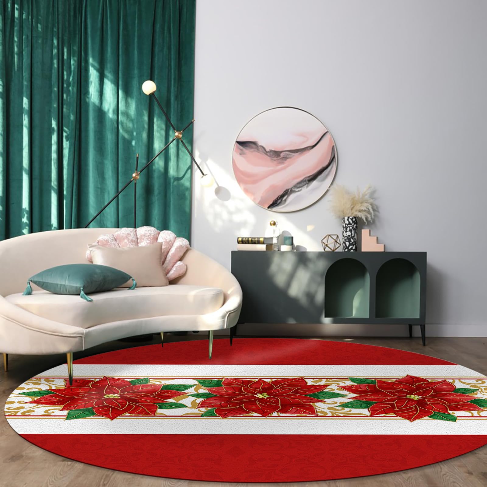 Christmas Area Rug Carpet for Kids Teen Girls Boys Bedroom, Living Room, Washable Outdoor Indoor Accent Throw Runner Floor Mat Area+Rug European Classic Red Winter Flower Berry 3FT(Round)