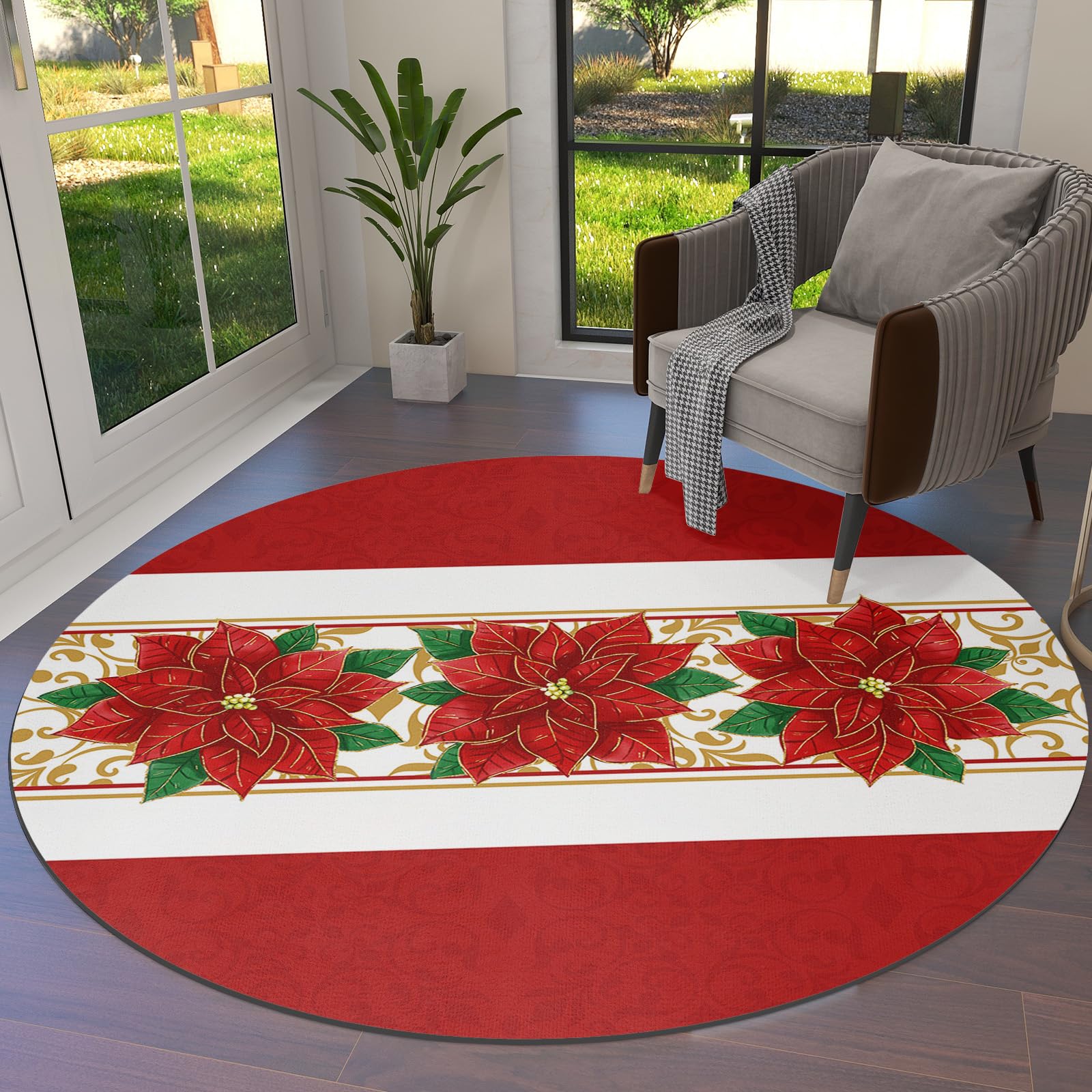 Christmas Area Rug Carpet for Kids Teen Girls Boys Bedroom, Living Room, Washable Outdoor Indoor Accent Throw Runner Floor Mat Area+Rug European Classic Red Winter Flower Berry 3FT(Round)