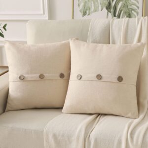 haussy beige linen decorative throw pillow covers 20x20 inch set of 2,square cushion case with 3 vintage buttons,modern farmhouse home decor for couch,bed