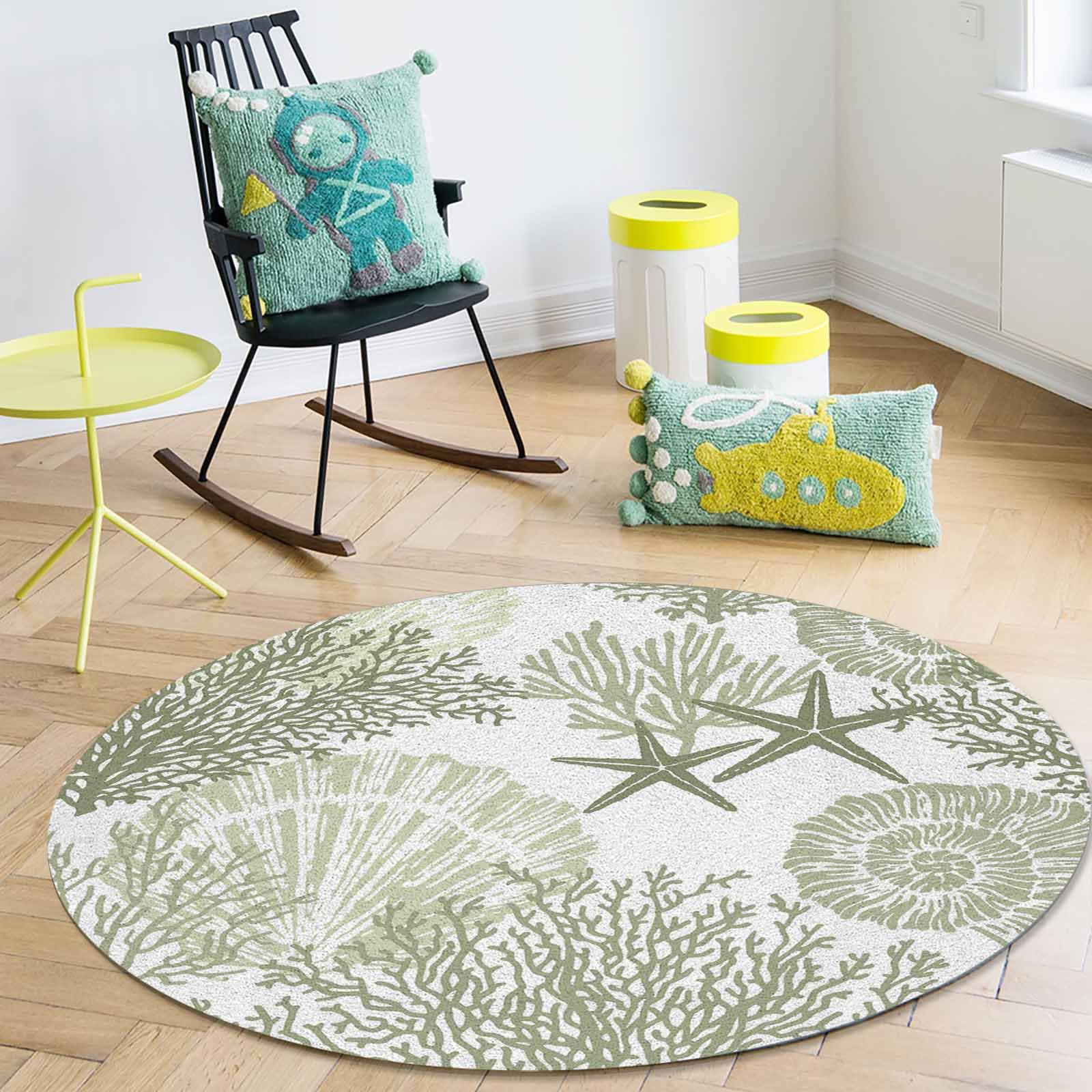 Sage Green Shell Area Rug Carpet for Kids Teen Girls Boys Bedroom, Living Room, Washable Outdoor Indoor Accent Throw Runner Floor Mat Area+Rug Ocean Nautical Starfish Abstract Geometric 3FT(Round)