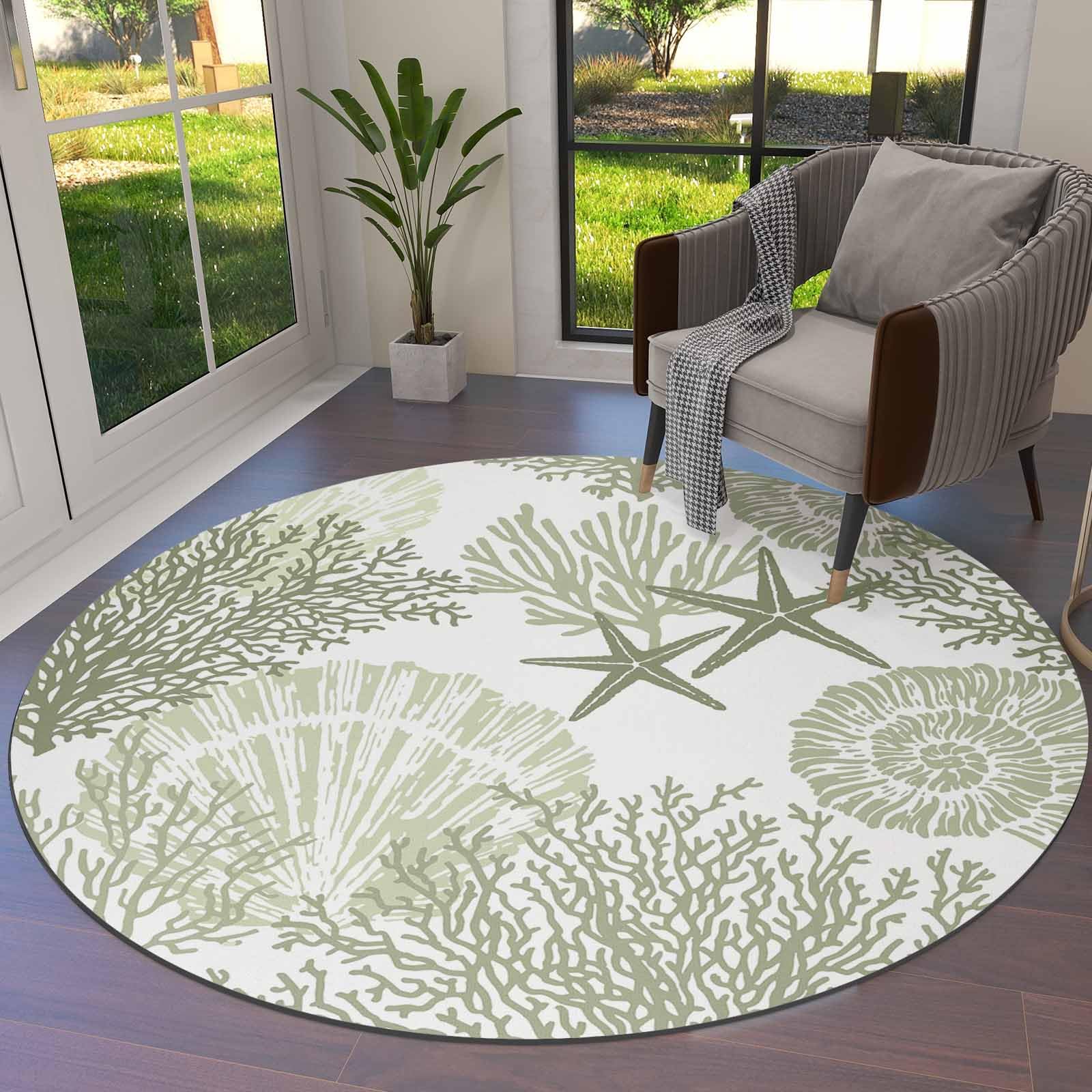 Sage Green Shell Area Rug Carpet for Kids Teen Girls Boys Bedroom, Living Room, Washable Outdoor Indoor Accent Throw Runner Floor Mat Area+Rug Ocean Nautical Starfish Abstract Geometric 3FT(Round)