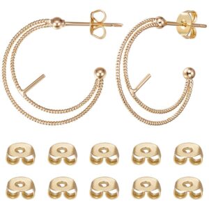 beebeecraft 1 box 10pcs half hoop earrings 18k gold plated geometry double round studs earring finding with 10pcs ear nuts for half drilled beads earring making supplies pin: 0.7mm