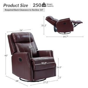 HULALA HOME Genuine Leather Swivel Rocker Recliner with Metal Base, Manual Glider Recliner Chair with Adjustable Backrest & Footrest, Modern Home Theater Sofa Chair for Living Room, Burgundy