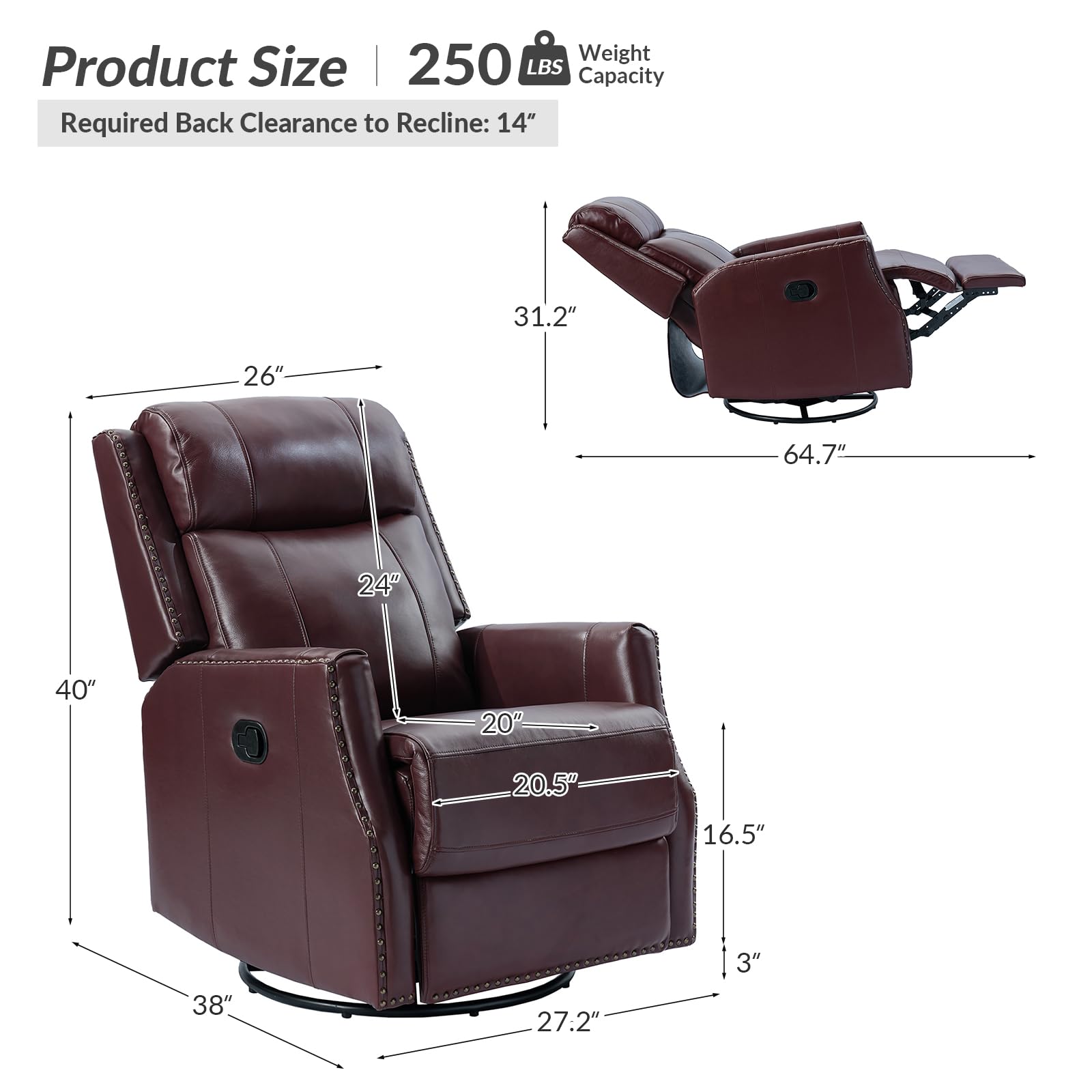 HULALA HOME Genuine Leather Swivel Rocker Recliner with Metal Base, Manual Glider Recliner Chair with Adjustable Backrest & Footrest, Modern Home Theater Sofa Chair for Living Room, Burgundy