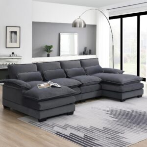 gnixuu 109.8“ sectional sofa cloud couch for living room, modern velvet large overstuffed u shaped couch, comfy modular sofa sleeper with double chaise & cushions(gray)