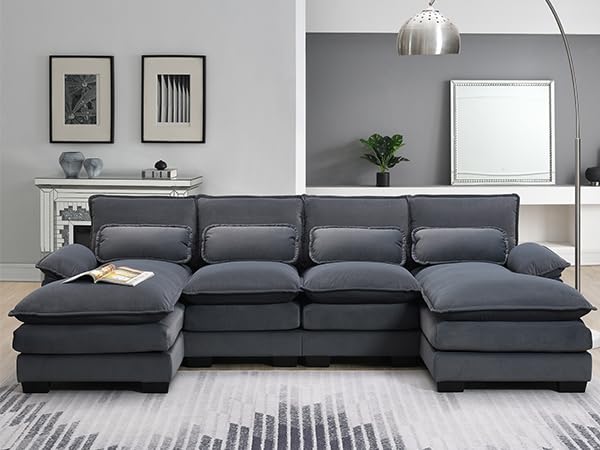 GNIXUU 109.8“ Sectional Sofa Cloud Couch for Living Room, Modern Velvet Large Overstuffed U Shaped Couch, Comfy Modular Sofa Sleeper with Double Chaise & Cushions(Gray)