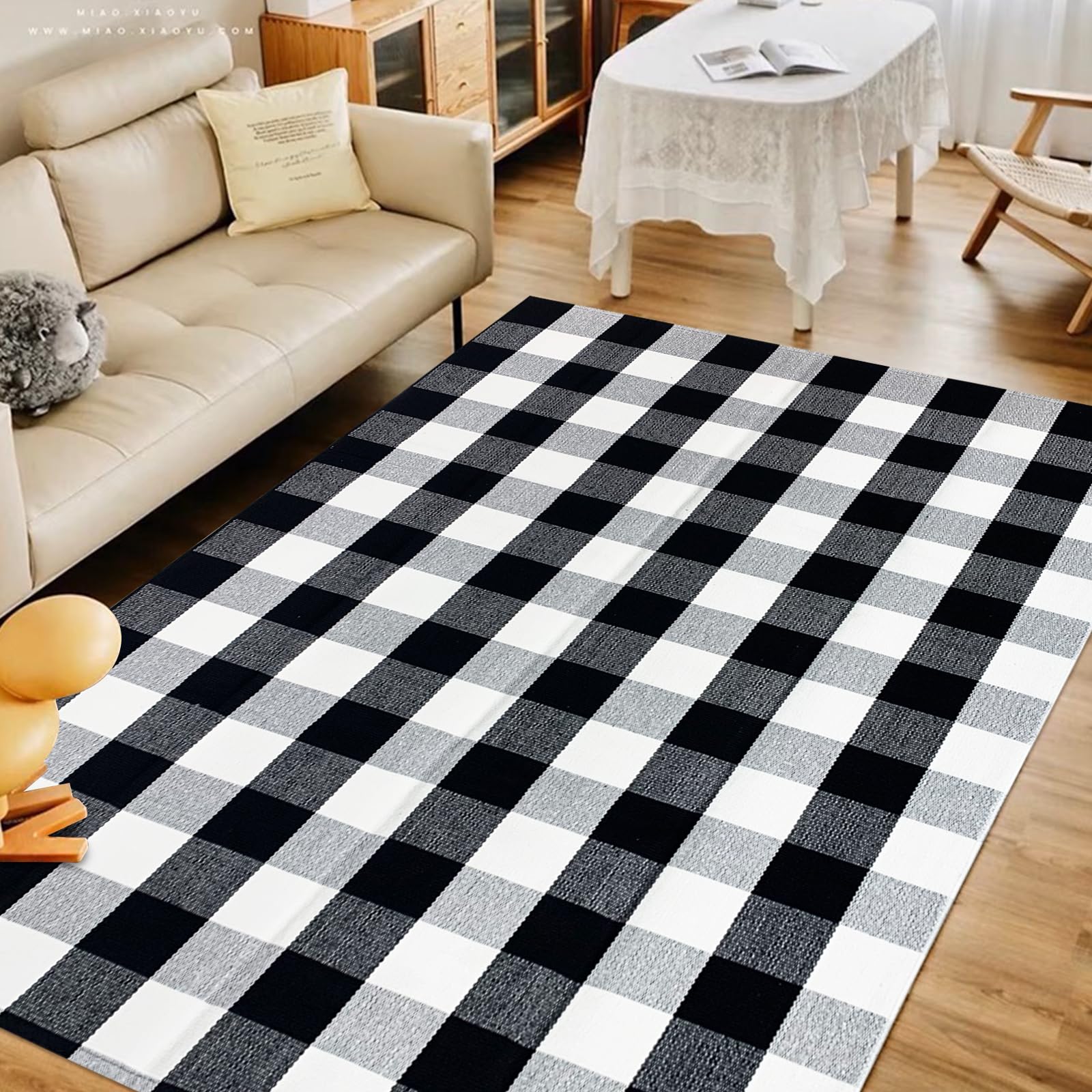 USTIDE Buffalo Plaid Checkered Area Rug 4x6Ft Black and White Area Rug Cotton Woven Indoor Outdoor Carpet for Living Room Bedroom Dining Room Kitchen