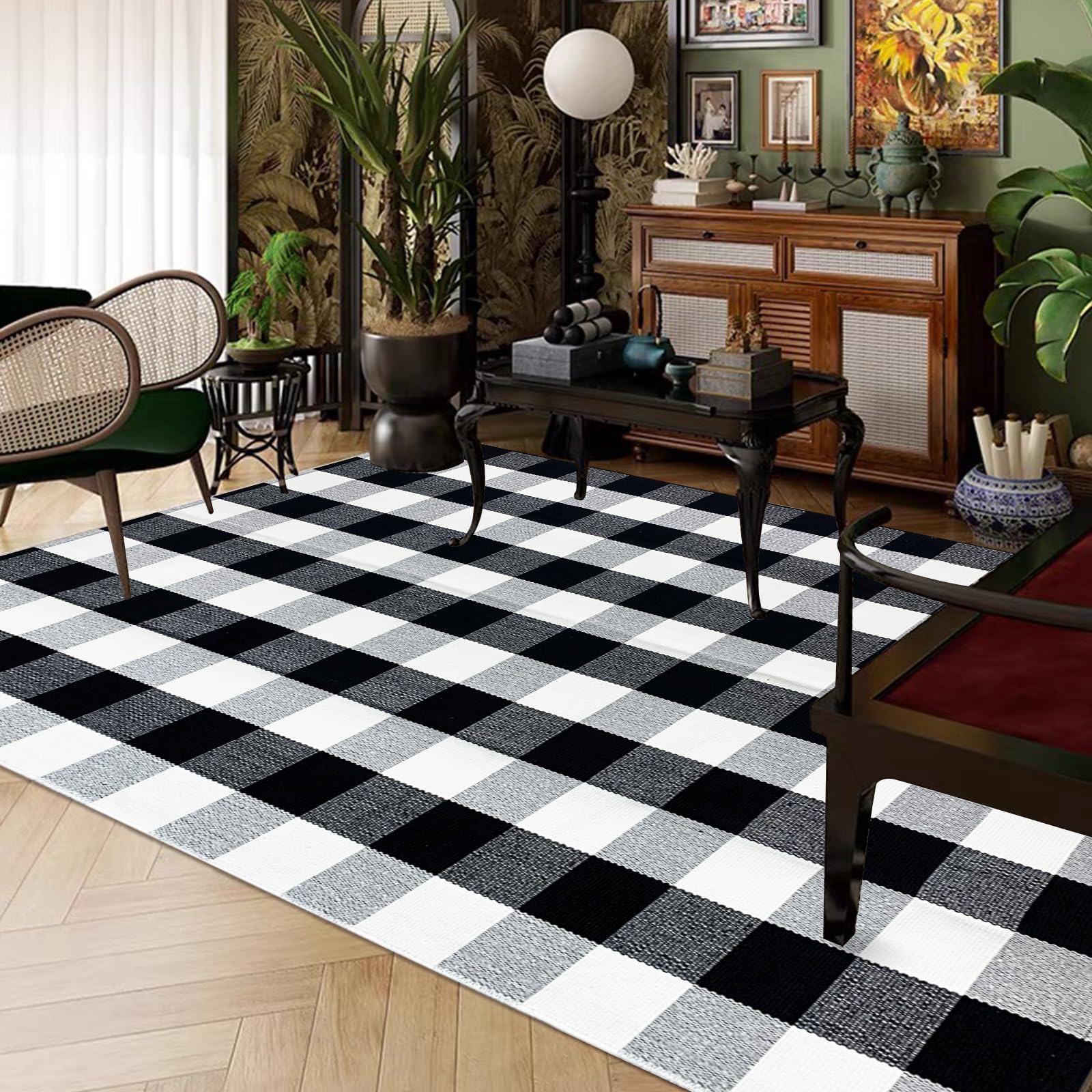 USTIDE Buffalo Plaid Checkered Area Rug 4x6Ft Black and White Area Rug Cotton Woven Indoor Outdoor Carpet for Living Room Bedroom Dining Room Kitchen