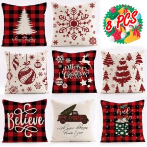 8 pcs christmas decorations christmas pillow covers,18 x 18 inch xmas series cushion pillow cover,modern farmhouse christmas throw pillow covers,holiday decor throw cushion case for home couch (red)