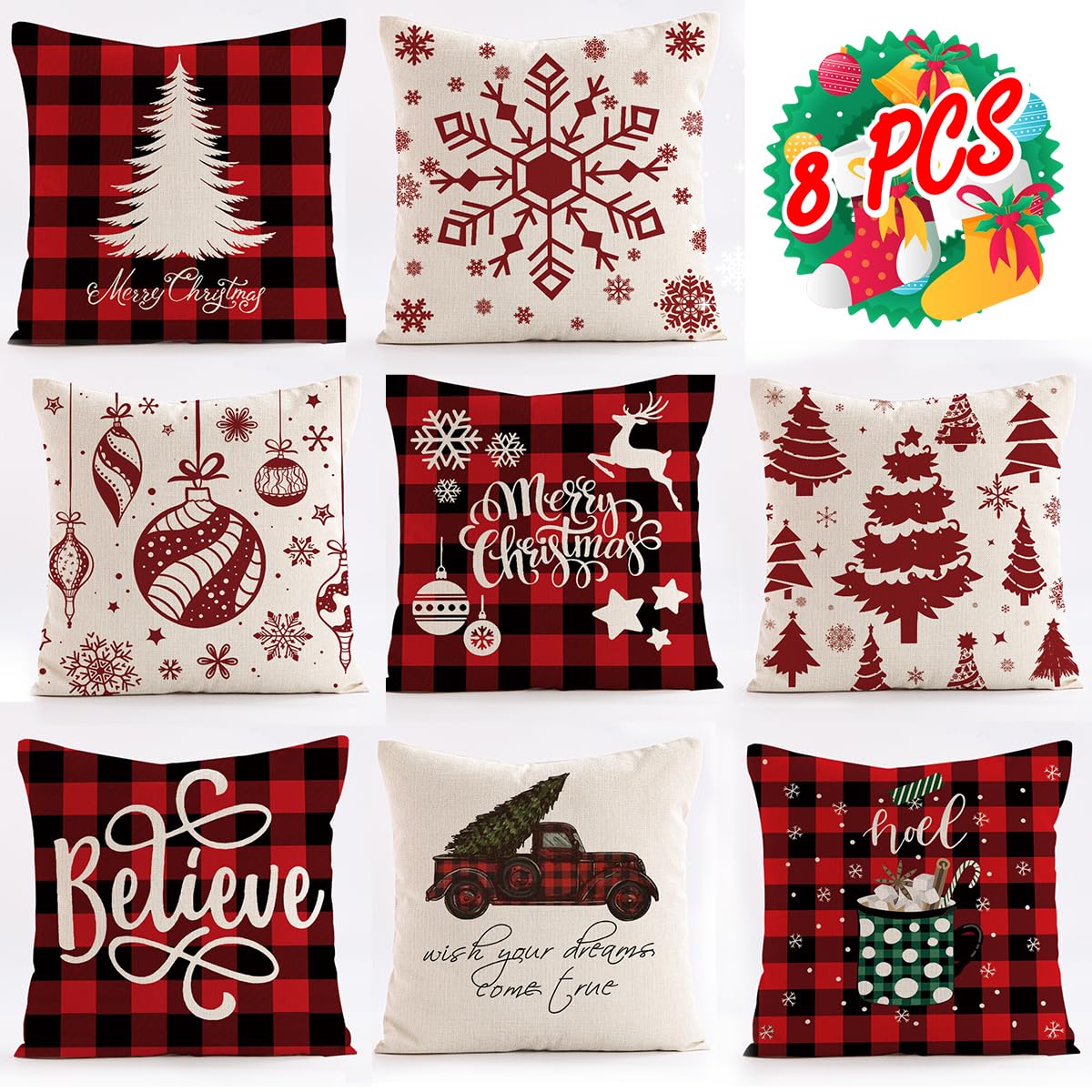 8 Pcs Christmas Decorations Christmas Pillow Covers,18 x 18 Inch Xmas Series Cushion Pillow Cover,Modern Farmhouse Christmas Throw Pillow Covers,Holiday Decor Throw Cushion Case for Home Couch (Red)