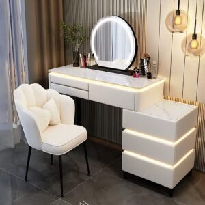 velle vanity, makeup vanity with cabinets and ambient light, vanity desk set includes smart hd lighted mirror and vanity chairs, solid wood frame vanity for bedroom (31.5", 6 drawers)