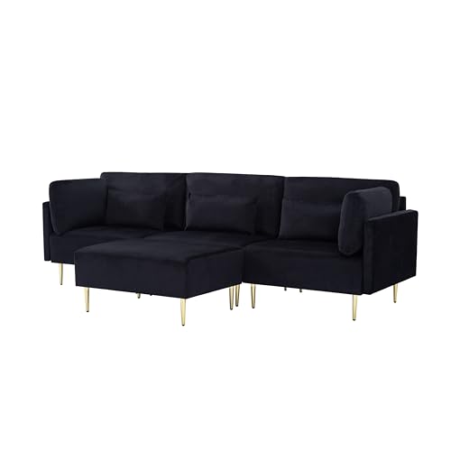 SONGG 105” L-Shaped Modern Convertible Sectional Sofa, Velvet Fabric Upholstered Couch, with Chaise Detachable, Washable Cover and Ottoman, for Living Room, Black