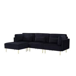 SONGG 105” L-Shaped Modern Convertible Sectional Sofa, Velvet Fabric Upholstered Couch, with Chaise Detachable, Washable Cover and Ottoman, for Living Room, Black