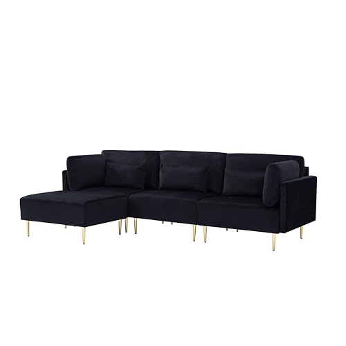 SONGG 105” L-Shaped Modern Convertible Sectional Sofa, Velvet Fabric Upholstered Couch, with Chaise Detachable, Washable Cover and Ottoman, for Living Room, Black