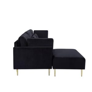 SONGG 105” L-Shaped Modern Convertible Sectional Sofa, Velvet Fabric Upholstered Couch, with Chaise Detachable, Washable Cover and Ottoman, for Living Room, Black