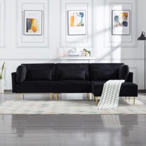 SONGG 105” L-Shaped Modern Convertible Sectional Sofa, Velvet Fabric Upholstered Couch, with Chaise Detachable, Washable Cover and Ottoman, for Living Room, Black