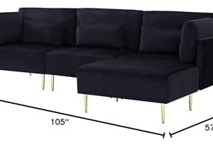 SONGG 105” L-Shaped Modern Convertible Sectional Sofa, Velvet Fabric Upholstered Couch, with Chaise Detachable, Washable Cover and Ottoman, for Living Room, Black