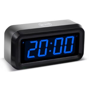 timegyro digital alarm clock battery operated with led display for bedrooms, long battery life, 3 brightness adjustable, 12/24 hour, snooze, black case with blue digits