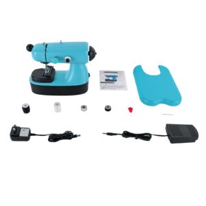 Mini Sewing Machine for Beginners Adults Kids Portable Sewing Machine with Extension Table, LED Light, Foot Pedal for Household Travel (Blue)