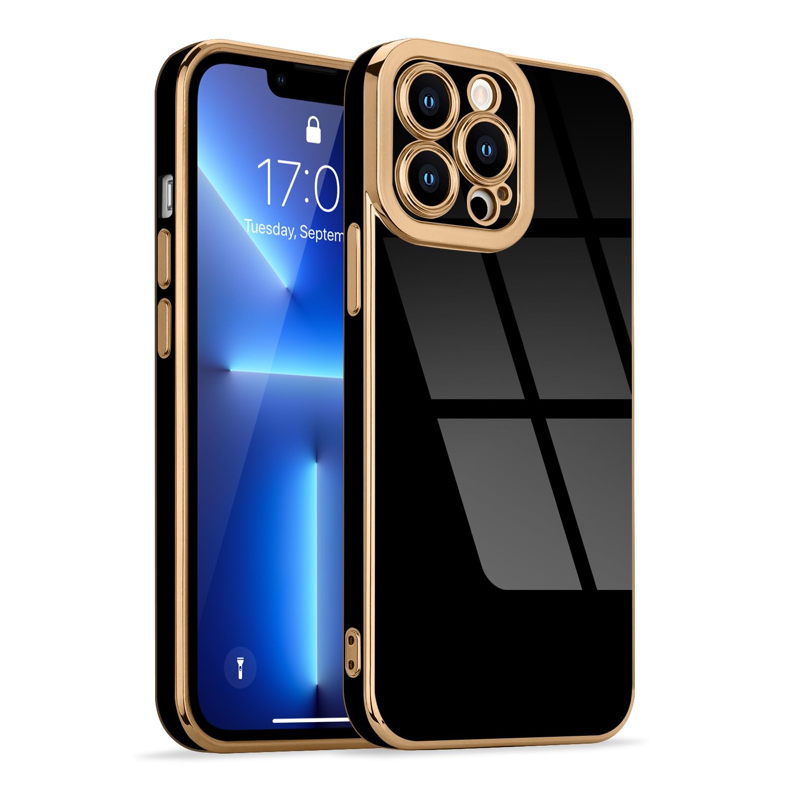 Lafunda Designed for iPhone 13 Pro Max Case, Luxury Plating Cases for Women Girls Cute Golden Edge Shockproof TPU Bumper Cover with Silicone Camera Protection Phone Case for iPhone 13 Pro Max, Black