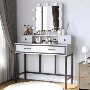 royalcraft vanity with lights, makeup vanity desk with 3 color dimmable lighted hollywood mirror, white vanity with 4 drawers, large dressing table for women girls