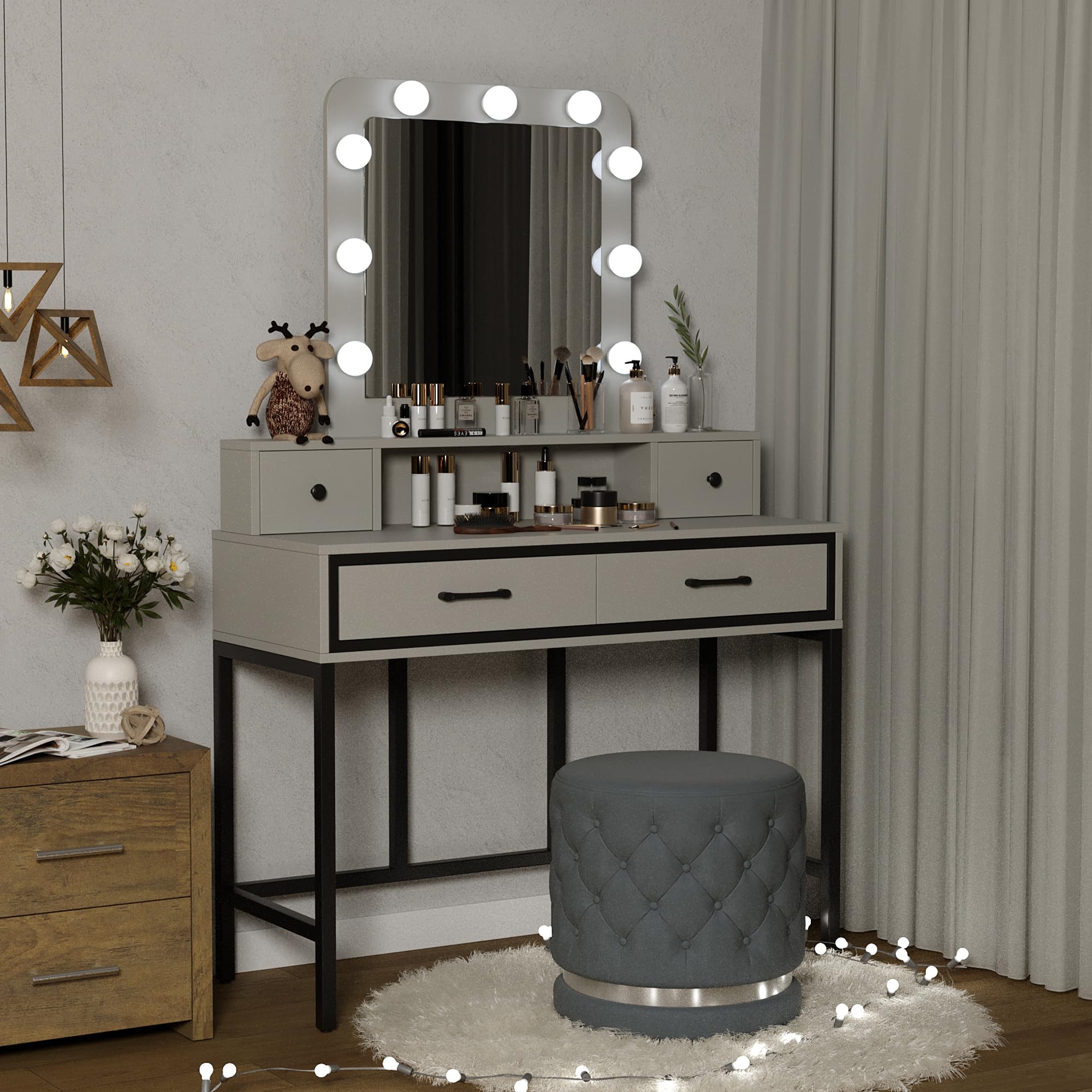 RoyalCraft Vanity with Lights, Makeup Vanity Desk with 3 Color Dimmable Lighted Hollywood Mirror, White Vanity with 4 Drawers, Large Dressing Table for Women Girls