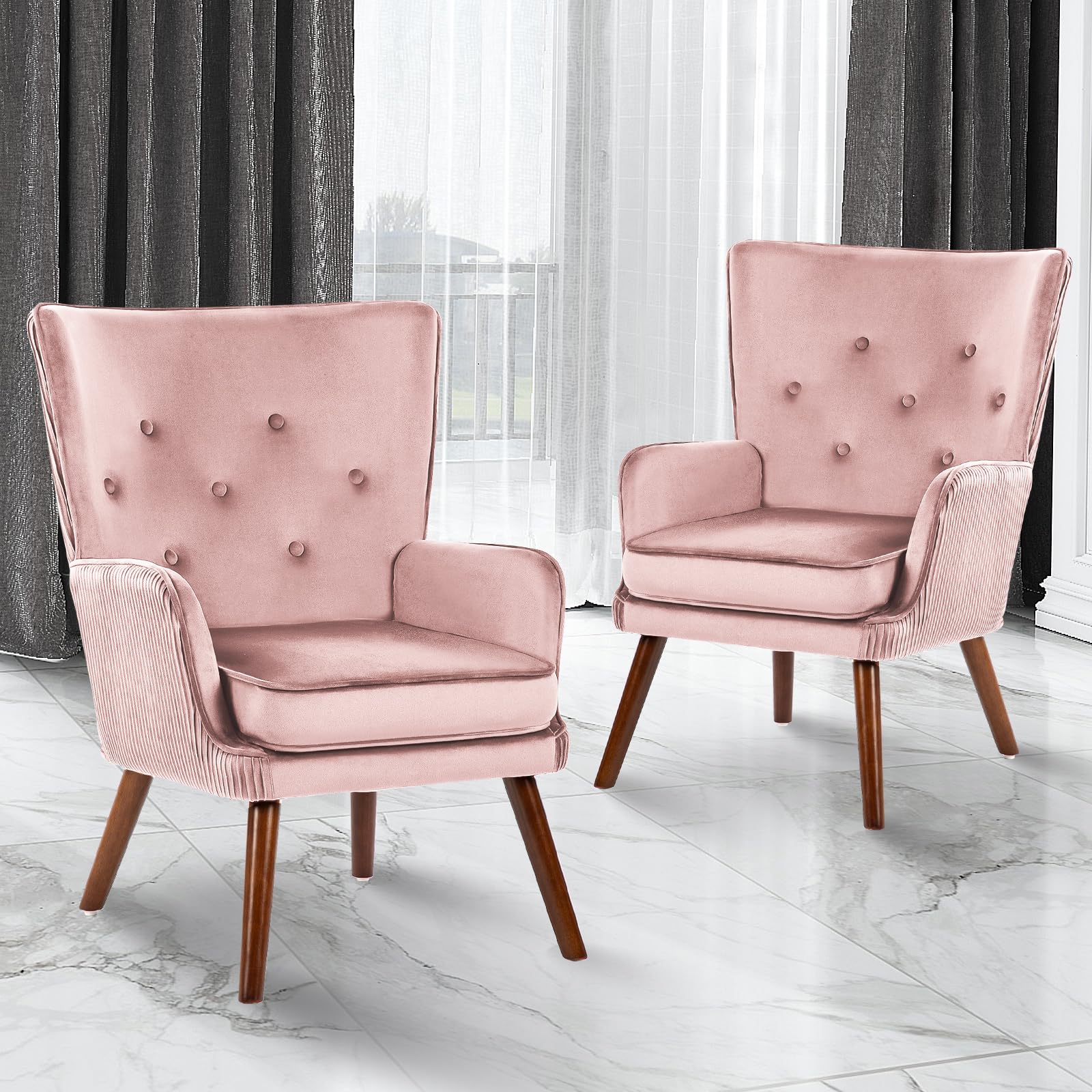 Bekrvio Velvet Accent Chair, Modern Wingback Armchair with High-Back, 4" Thick Seat Cushion, Velvet Upholstered Single Sofa Chair for Living Room Bedroom Reading Vanity Chair Club Arm Chair (Pink)