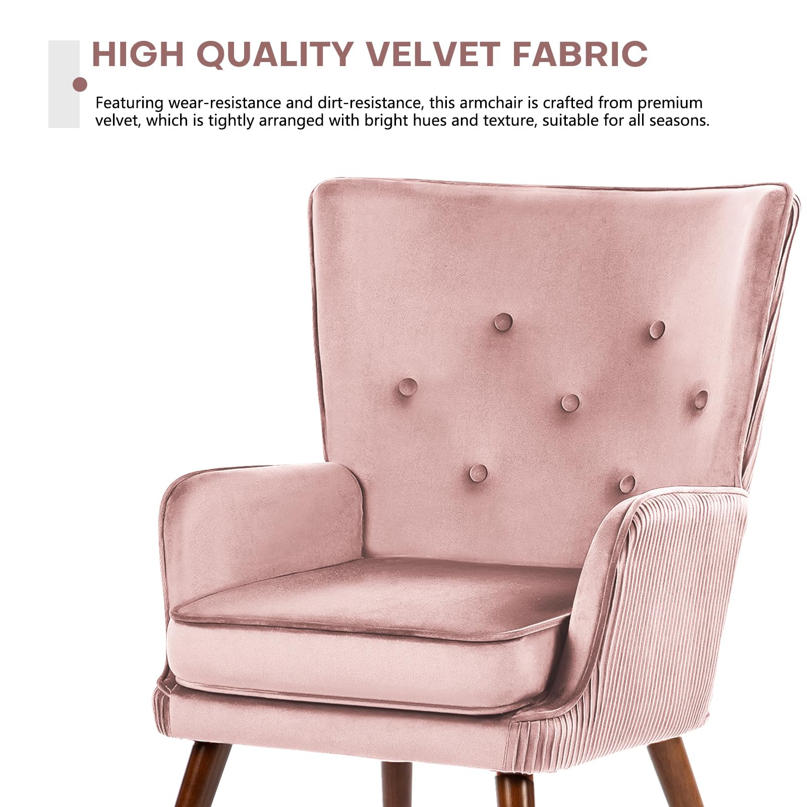 Bekrvio Velvet Accent Chair, Modern Wingback Armchair with High-Back, 4" Thick Seat Cushion, Velvet Upholstered Single Sofa Chair for Living Room Bedroom Reading Vanity Chair Club Arm Chair (Pink)