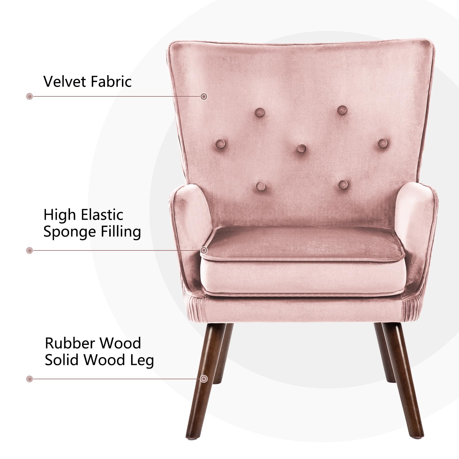 Bekrvio Velvet Accent Chair, Modern Wingback Armchair with High-Back, 4" Thick Seat Cushion, Velvet Upholstered Single Sofa Chair for Living Room Bedroom Reading Vanity Chair Club Arm Chair (Pink)