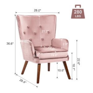 Bekrvio Velvet Accent Chair, Modern Wingback Armchair with High-Back, 4" Thick Seat Cushion, Velvet Upholstered Single Sofa Chair for Living Room Bedroom Reading Vanity Chair Club Arm Chair (Pink)