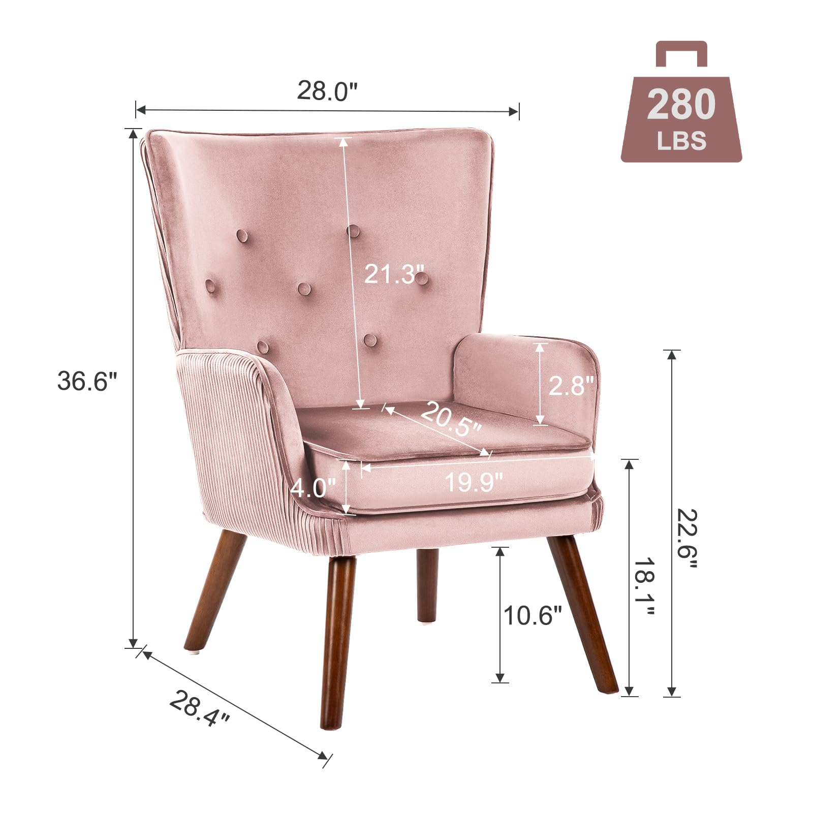 Bekrvio Velvet Accent Chair, Modern Wingback Armchair with High-Back, 4" Thick Seat Cushion, Velvet Upholstered Single Sofa Chair for Living Room Bedroom Reading Vanity Chair Club Arm Chair (Pink)