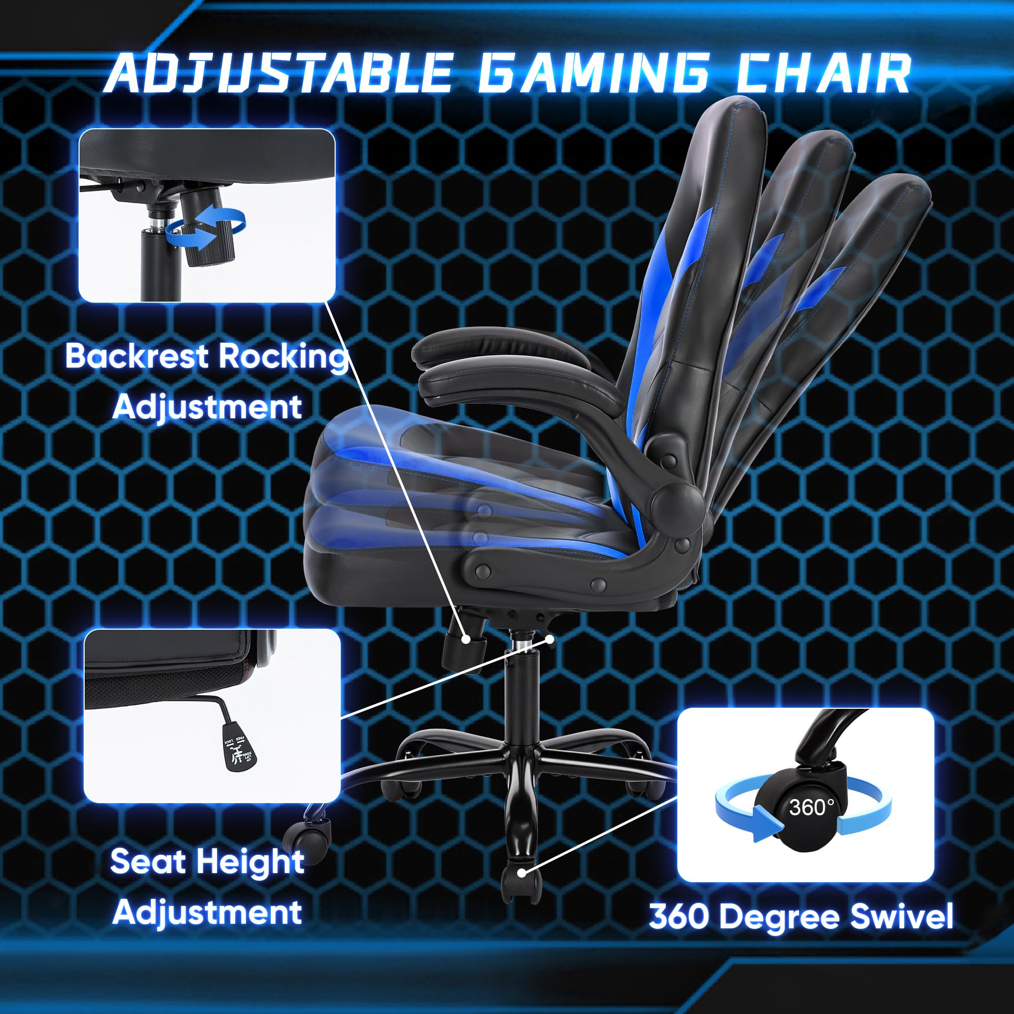 DUMOS Computer Gaming Home Office Chair - Ergonomic Big and Tall Desk with PU Leather Lumbar Support, Height Adjustable High Back Video Game with Flip-up Armrest, Swivel Wheels for Adults