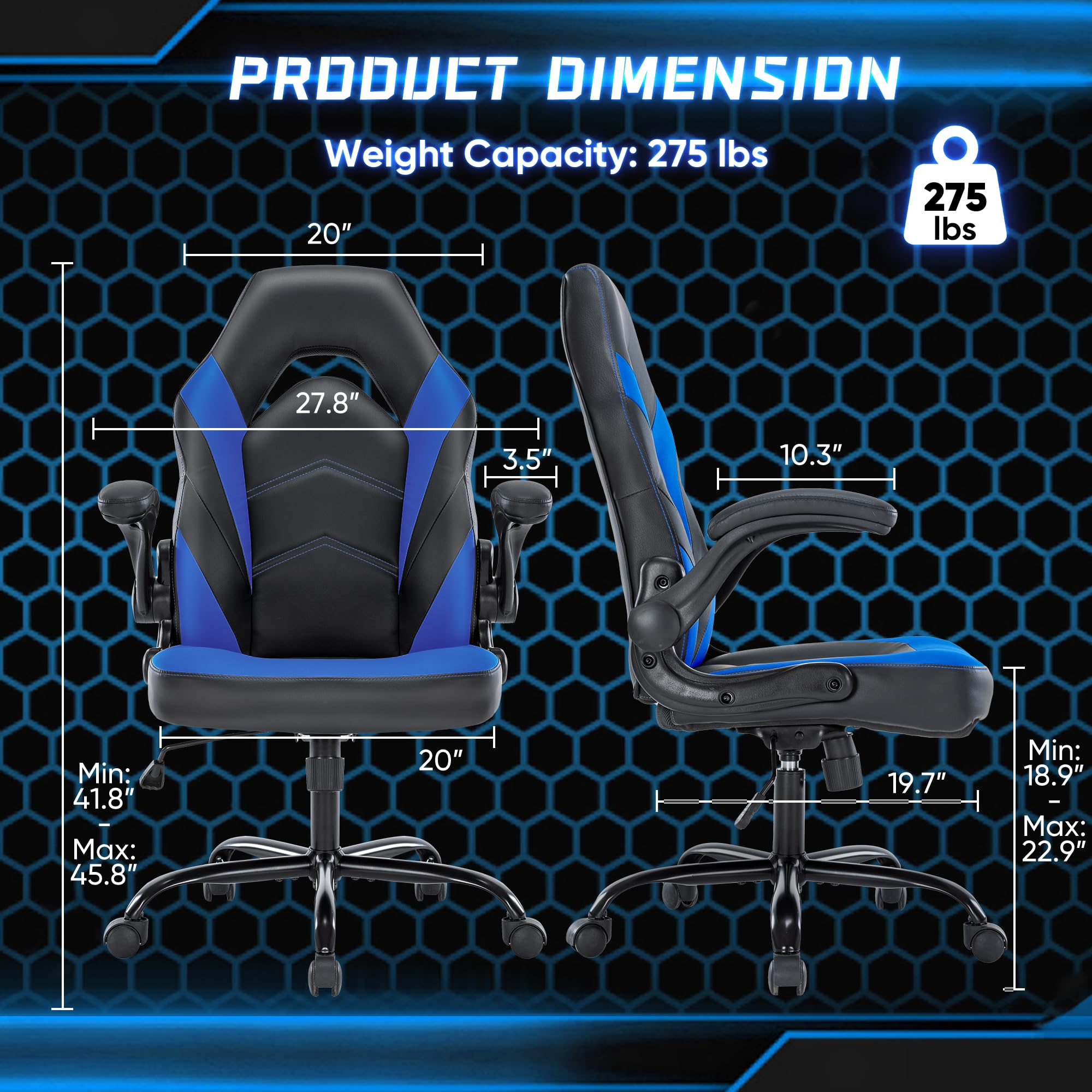 DUMOS Computer Gaming Home Office Chair - Ergonomic Big and Tall Desk with PU Leather Lumbar Support, Height Adjustable High Back Video Game with Flip-up Armrest, Swivel Wheels for Adults