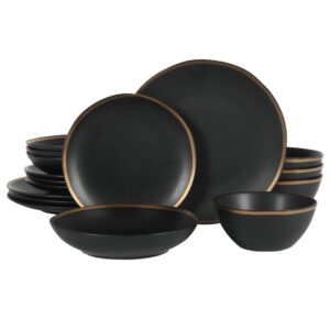 gibson elite kings road double plates and bowl organic round porcelain dinnerware set - matte black w/gold rim