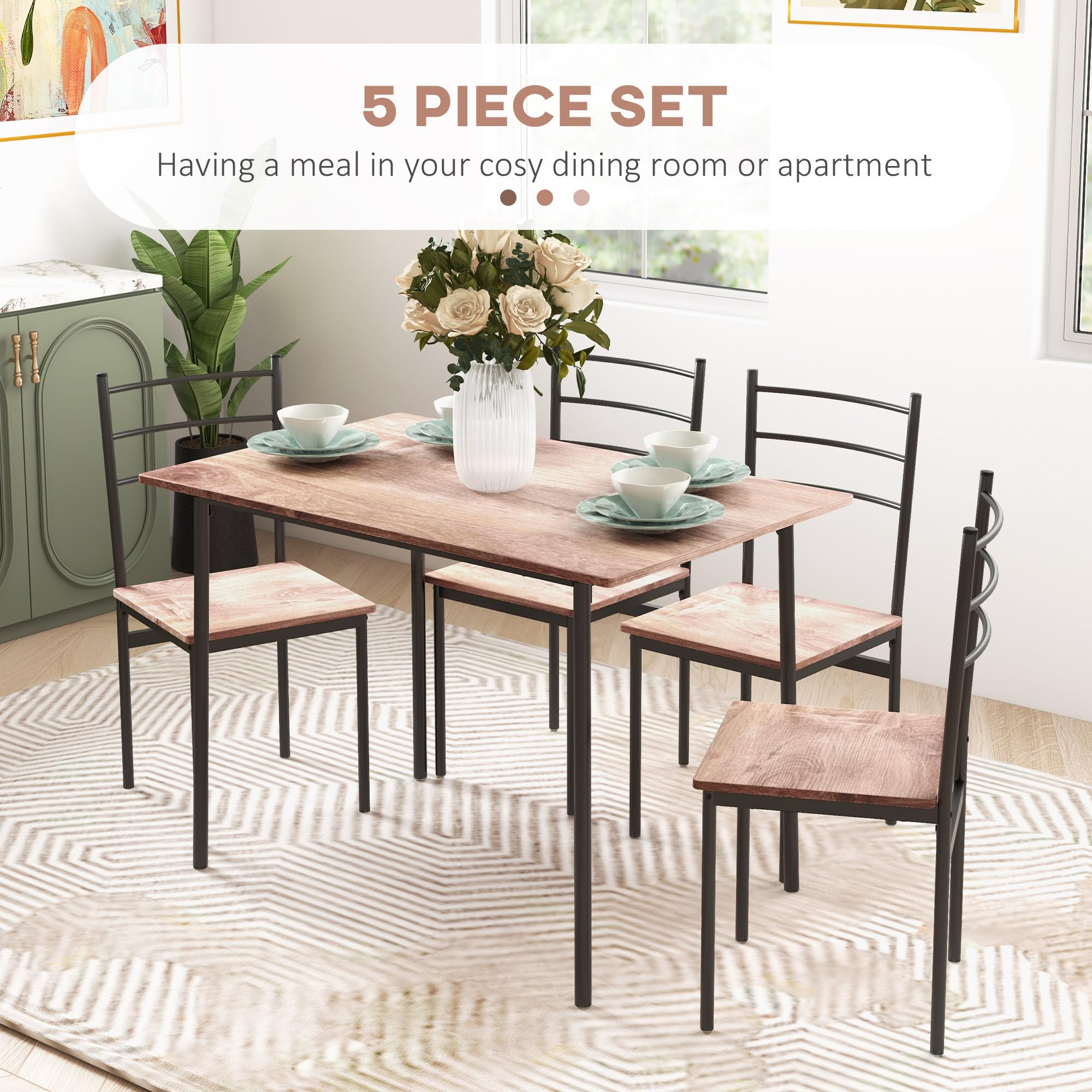 HOMCOM 5 Piece Dining Room Table Set for 4, Space Saving Kitchen Table and Chairs, Rectangle Dining Set with Steel Frame for Breakfast Nook