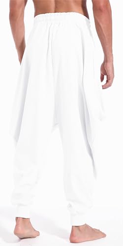 perdontoo Mens Baggy Harem Pants Elastic Waist Hippie Anime Pant Japanese Drop Crotch Trousers (32, White)