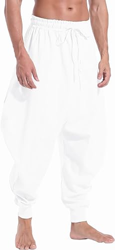 perdontoo Mens Baggy Harem Pants Elastic Waist Hippie Anime Pant Japanese Drop Crotch Trousers (32, White)