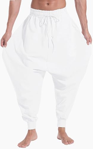 perdontoo Mens Baggy Harem Pants Elastic Waist Hippie Anime Pant Japanese Drop Crotch Trousers (32, White)