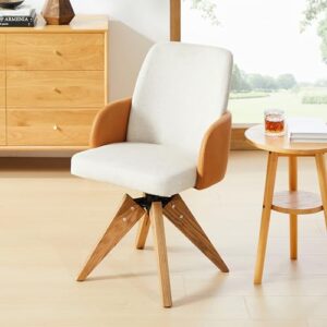 art leon swivel accent chair, modern desk chair no wheels, fabric upholstered armchair with oak wood legs for living room bedroom home office, off white