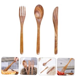 Abaodam 3 Sets Cutlery Spoon Salad Serving Utensils Wooden Utensils for Eating Cake Server Wood Dinnerware Dessert Spoon Pizza Cutter Pudding Spoon Wood Tableware Reusable Dessert Fork