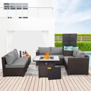 waroom 7 pieces patio furniture set pe wicker outdoor brown rattan sectional sofa loveseat couch conversation sets with storage bin coffee table and propane fire pit, anti-slip grey cushion