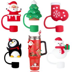 seezizi 5 pcs christmas straw covers cap toppers compatible with stanley 30&40 oz tumbler cups,reusable cute silicone straw tips lids protectors for 0.4 in/10mm stanley cups straws accessories