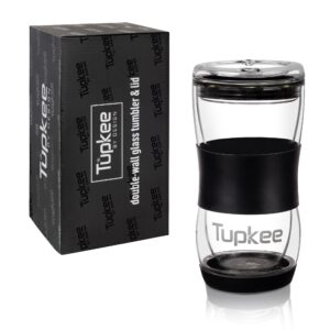 tupkee 20 oz double wall glass tumbler with lid – all glass reusable insulated hand blown glass travel mug - for coffee, tea, boba, iced coffee, and smoothie cup to go – black