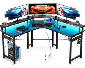 odk l shaped gaming desk with led lights & power outlets, 50.8" computer desk with full monitor stand, corner desk with cup holder, gaming table with hooks, black carbon fiber