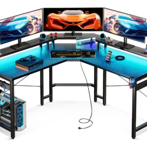 ODK L Shaped Gaming Desk with LED Lights & Power Outlets, 50.8" Computer Desk with Full Monitor Stand, Corner Desk with Cup Holder, Gaming Table with Hooks, Black Carbon Fiber