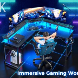 ODK L Shaped Gaming Desk with LED Lights & Power Outlets, 50.8" Computer Desk with Full Monitor Stand, Corner Desk with Cup Holder, Gaming Table with Hooks, Black Carbon Fiber